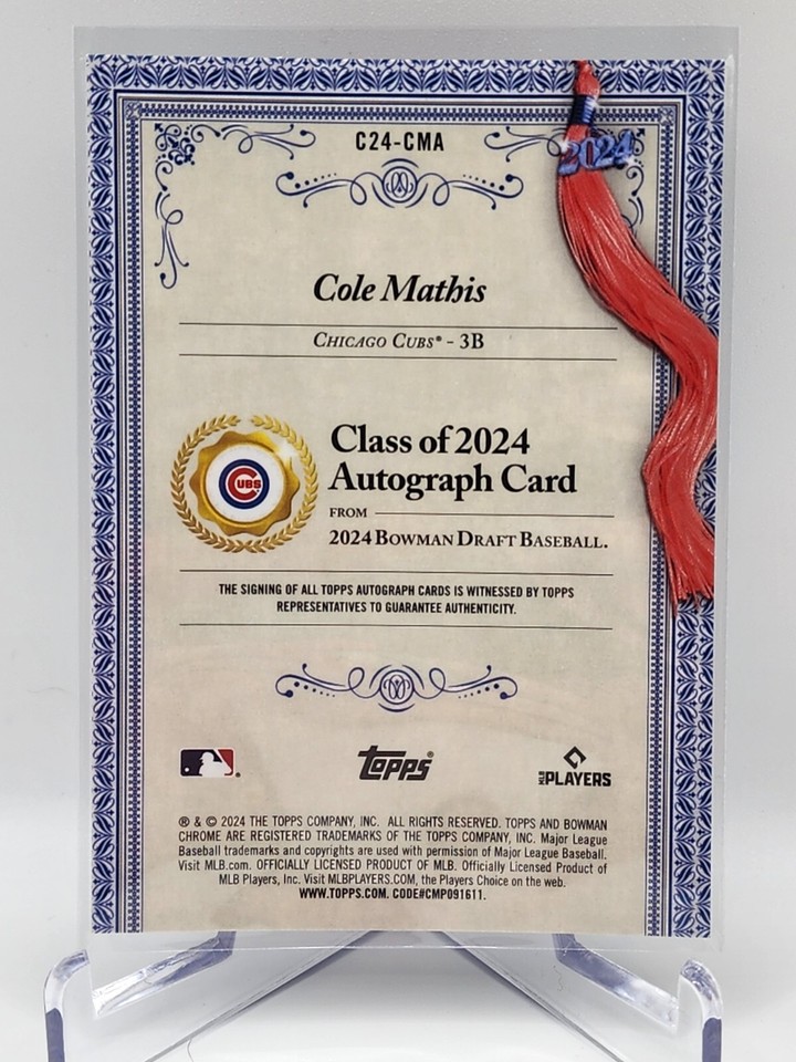 2024 Bowman Chrome Draft Class Of 2024 Auto 250 Cole Mathis Chicago ...
