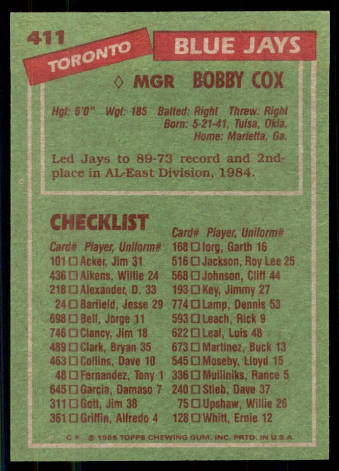 1985 Topps Bobby Cox Toronto Blue Jays #411 | eBay