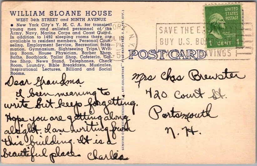 New York City Linen Postcard WILLIAM SLOANE HOUSE YMCA Hotel Boarding ...