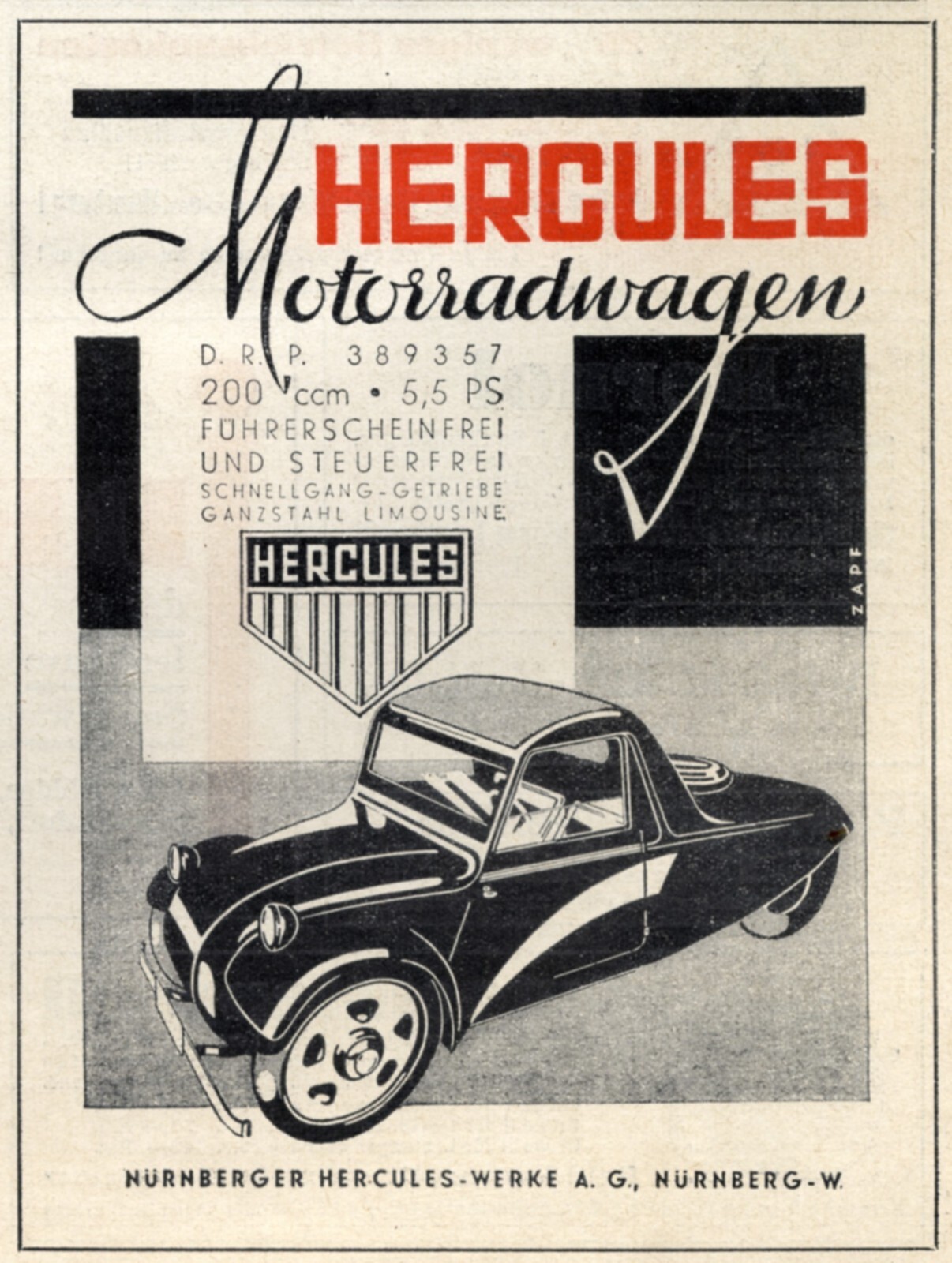 Hercules motorcycle car Nuremberg 1933 German ad trike advertising ...