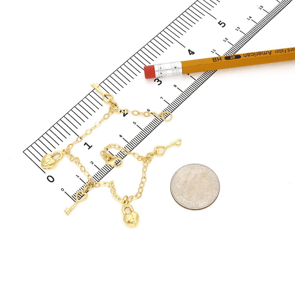 14K Gold Over Silver 3mm Puffed Locks and Keys Charm Bracelet 8" | eBay