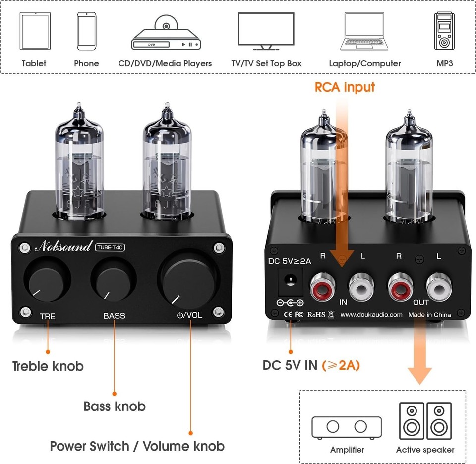 Mini Tube Preamp Class A Stereo Audio Amplifier Bass Treble Control ...