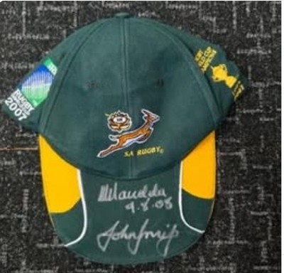 Rugby World Cup 2007 Nelson Mandela and John Smit signed cap with coa ...