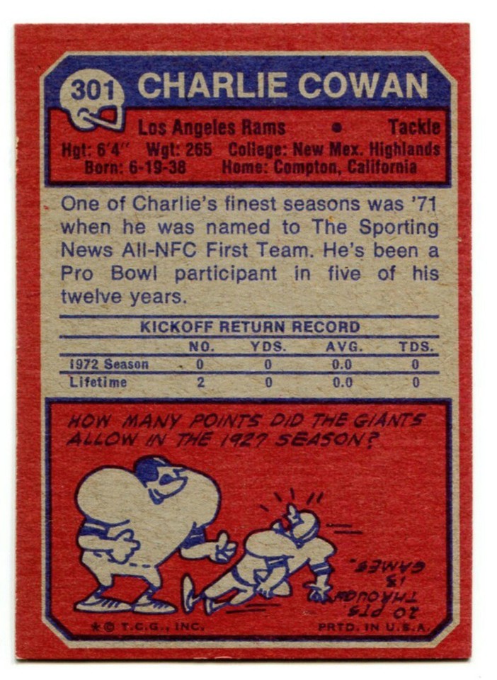 1973 Topps #301 Charlie Cowan Football Card - Los Angeles Rams | eBay