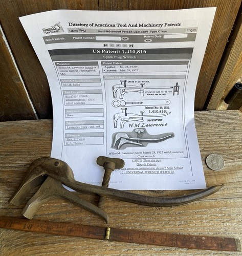 Rare antique adjustable Spark Plug wrench Patent 1922 Lawrence Clark ...