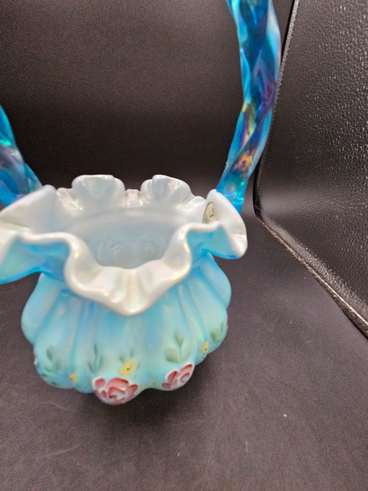 VTG. Fenton Hand Painted Blue Carnival Overlay Melon Basket Signed Bill ...