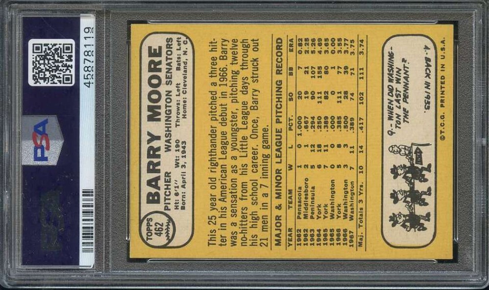 1968 TOPPS #462 BARRY MOORE PSA 9 SENATORS *B68464 | eBay