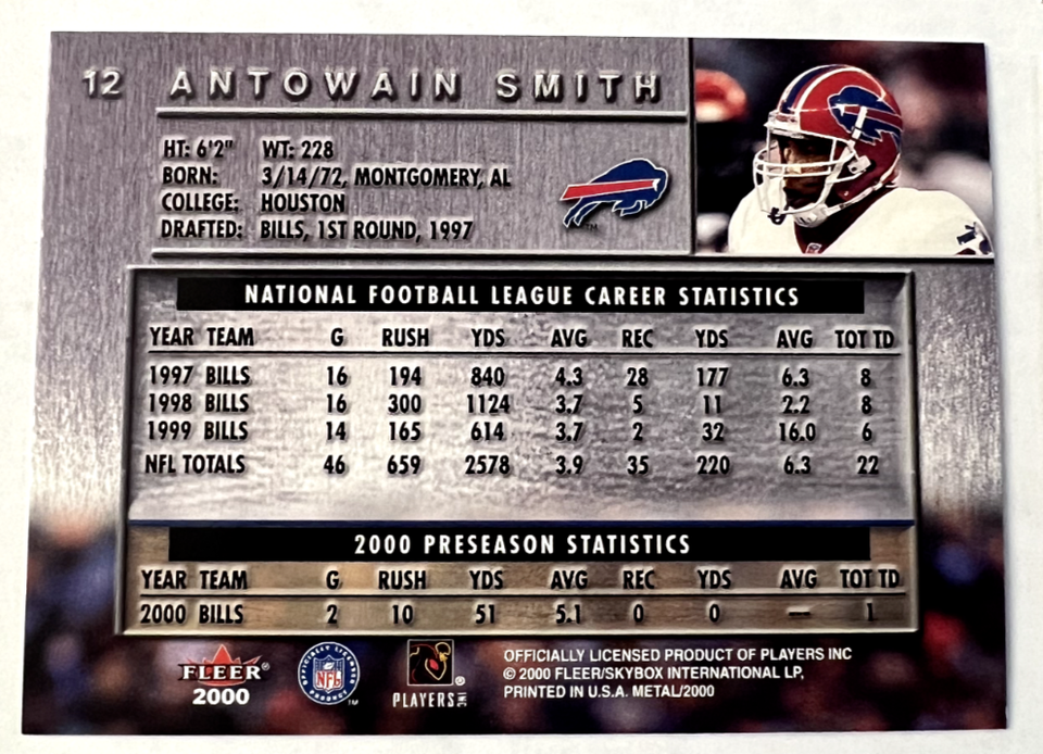 2000 Fleer SkyBox Metal NFL Football Cards #12 Antowain Smith Buffalo ...