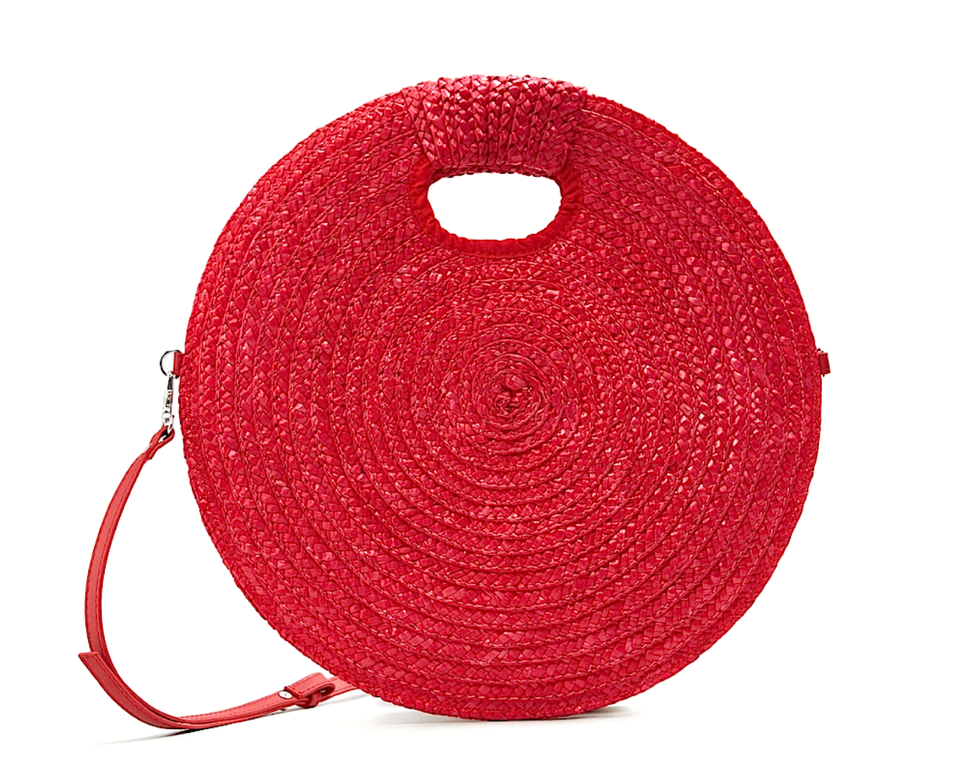 MANGO Round RAFFIA Bag BRAIDED STRAW Weave FLAT DISC Fuchsia Strap ...