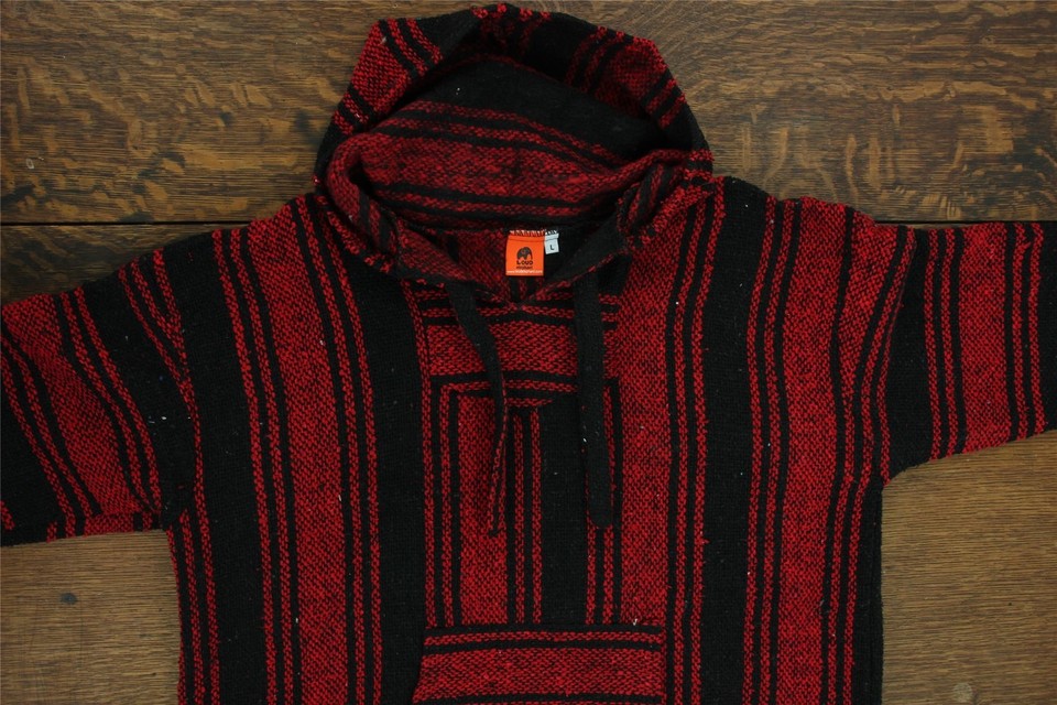 Recycled Mexican Baja Jerga Hoody Drug Rug Pullover Hoodie Red Black | eBay