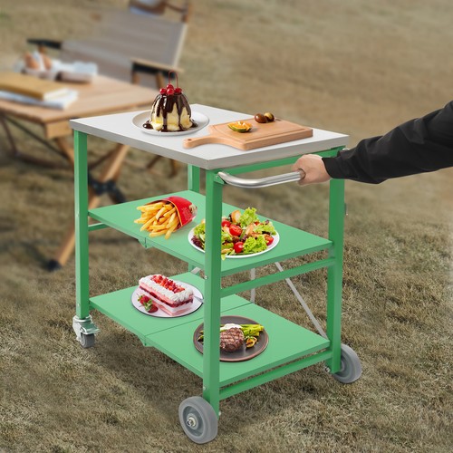 Foldable Outdoor Grill Table w/ 4 Wheels Rolling BBQ Table 3-Tier ...