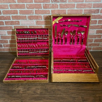 Vintage Buddha Bronze/Brass & Teak Wood Flatware Silverware Set 91Pc ...