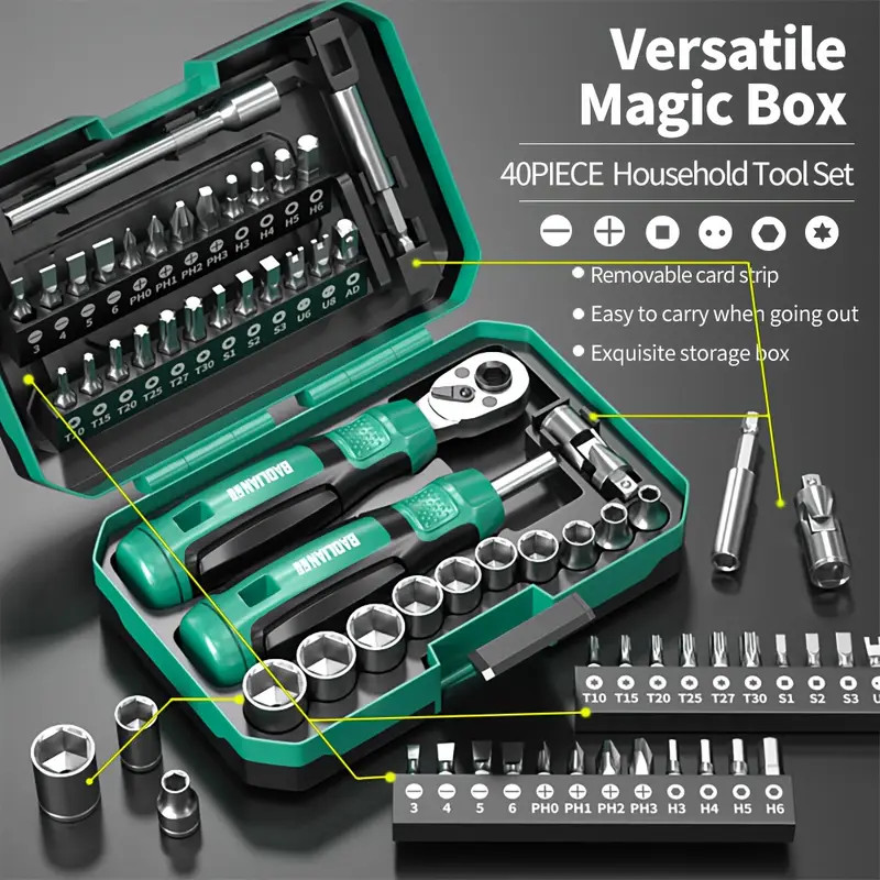 40Pcs Metric 1/4" Drive Socket Set Ratchet Wrench Screwdriver Bit Sets ...