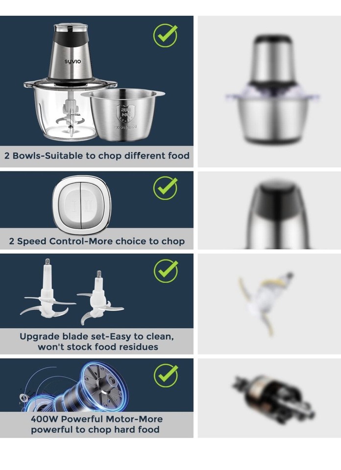 Food Processors with 2 Bowls, Meat Grinder 4 Bi-Level Blades, Mini ...