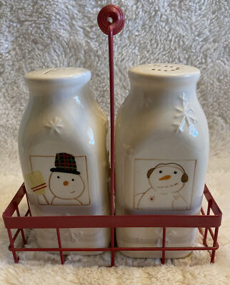 Hallmark Snowman Milk Bottles Set Salt & Pepper Shakers w/ Red Metal ...
