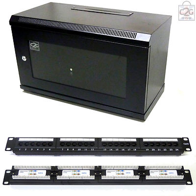 6U Black 300mm Data Cabinet + Cat6 Patch Panel Network Data LAN Comms ...