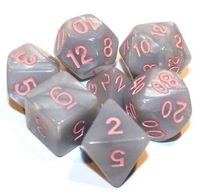 7 Piece Gray Marble Polyhedral Dice Set w/ Pink Numbers – Gray Dice Bag ...