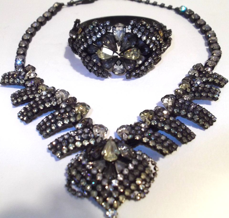 RARE VTG Signed HOBE' Rhinestone Necklace & Clamper Bracelet Set Black ...