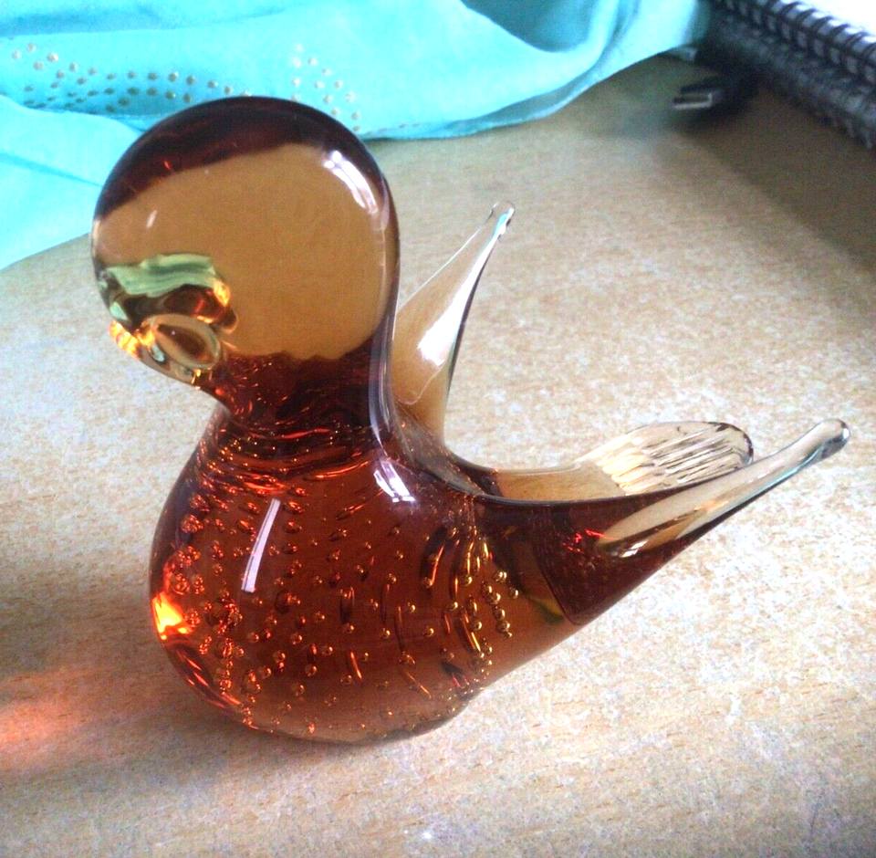 Vintage Art Glass Amber Bird/duck Paperweight controlled bubbles inside ...