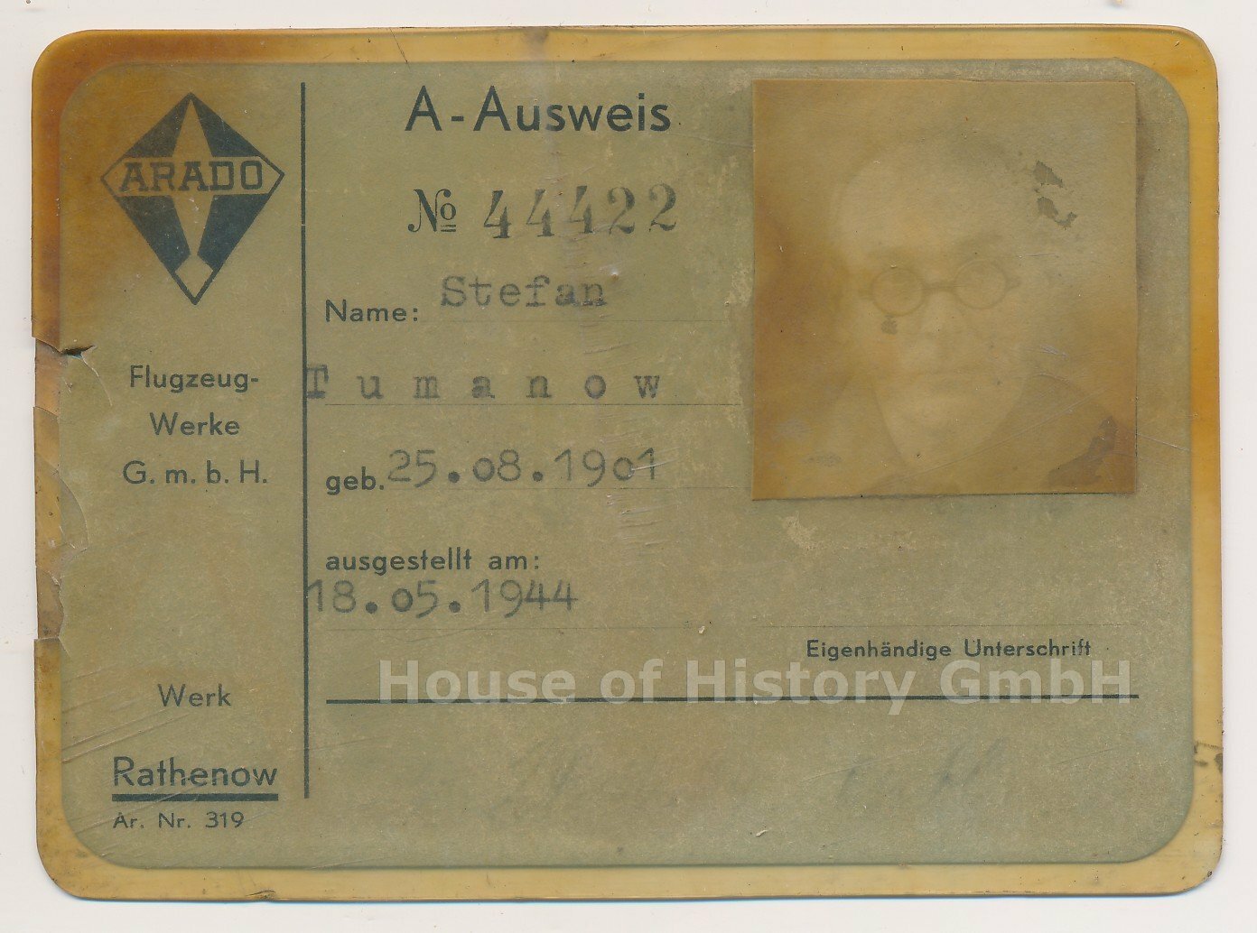 119922, A-Ausweis der ARADO Flugzeug-Werke GmbH, Werk Rathenow, Mai ...