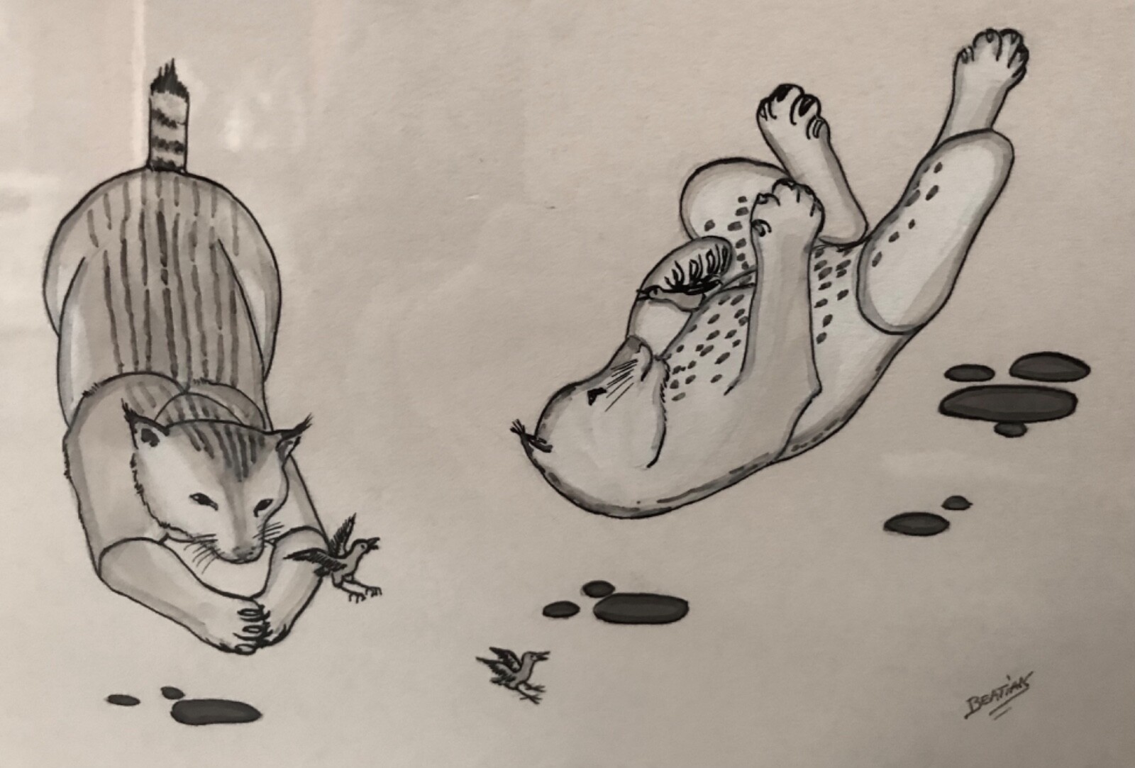 DRAWING plus CASEIN FRAMED, BEATIEN YAZZ, NAVAHO. BOBCATS. ORIGINAL, c ...