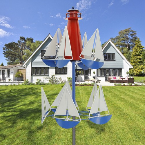 Sailboat Windmill Décor Metal Lighthouse Sailing Wind Spinner Swiveling ...