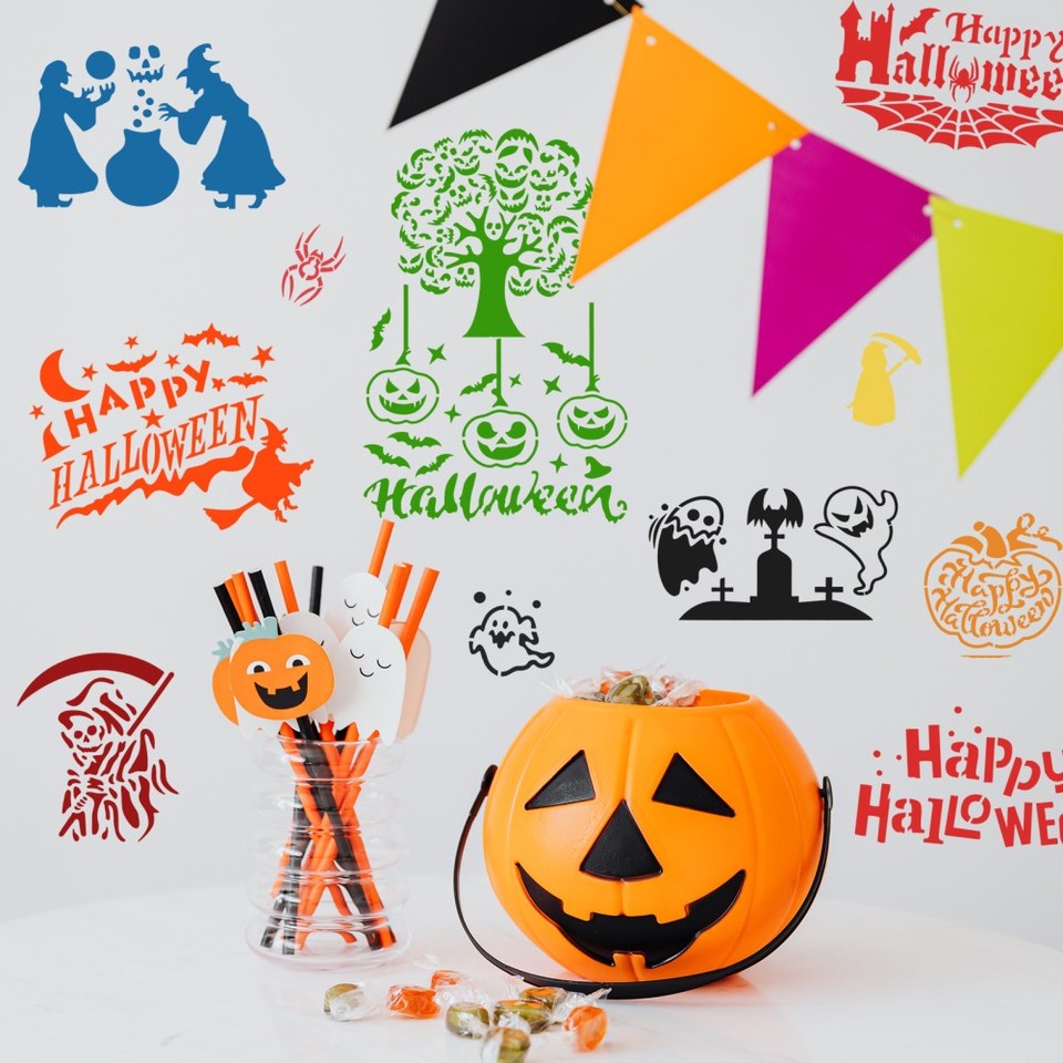 10 Sheets Pumpkin Stencils Reusable Halloween Themed Painting Templates ...