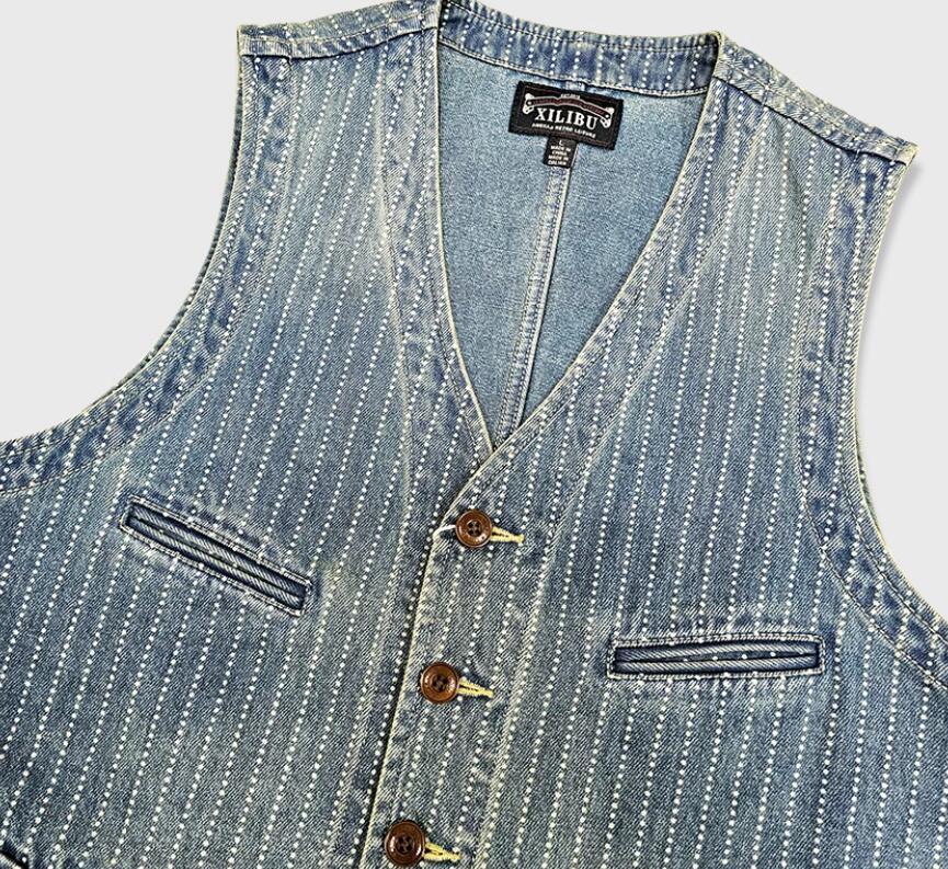 Striped Vest Men's Denim Vest Work Waistcoat Vintage Casual Coat Pockets Top | eBay