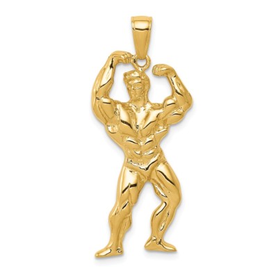 14K Yellow Gold Solid Polished Weightlifter Bodybuilder Charm Pendant 1 ...