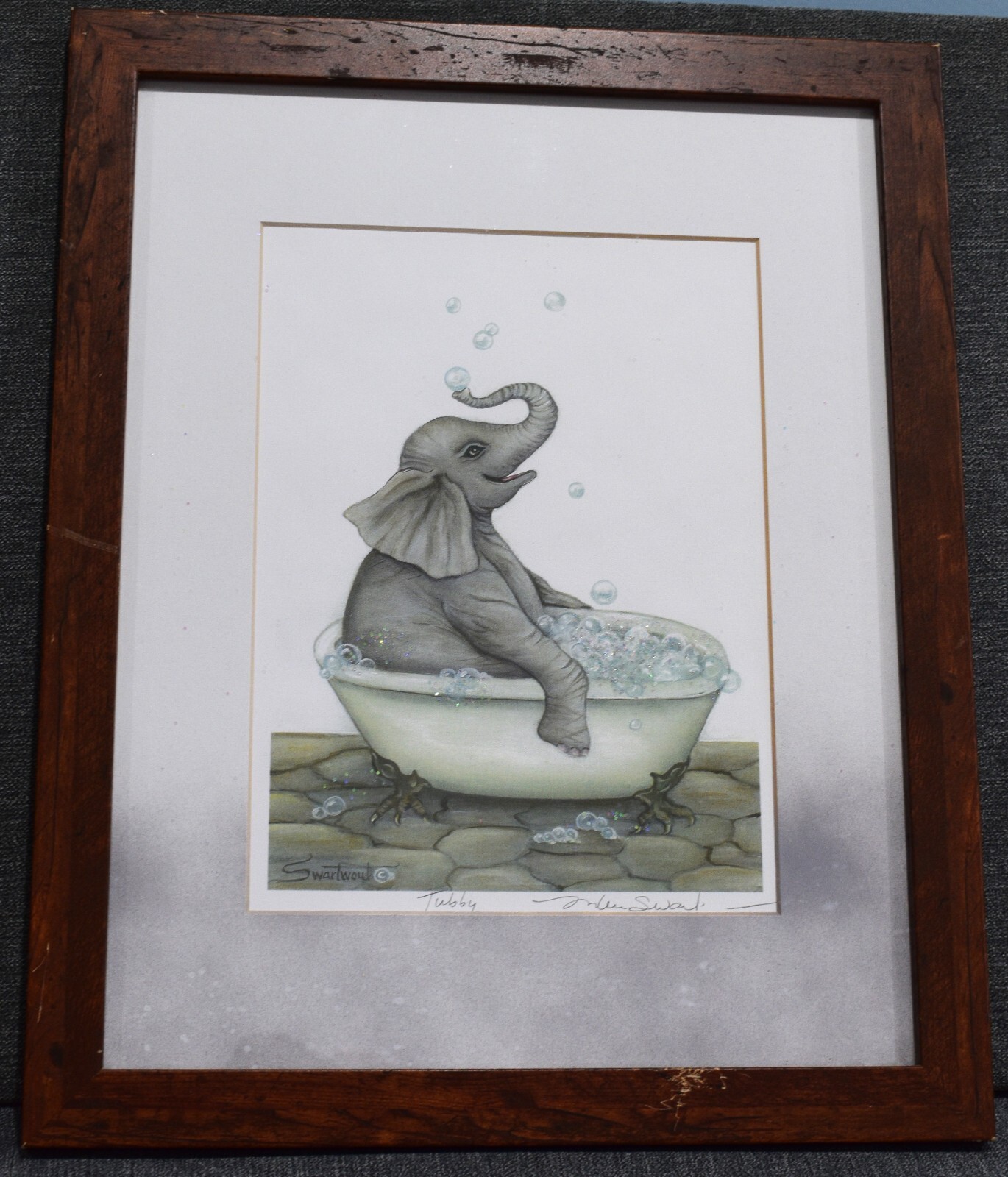 Matted, Framed Signed Print by Mishell Swartwout - "Tubby" Elephant in ...
