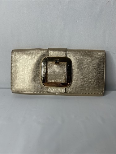 Michael Kors gold Buckle metallic crackle leather envelope clutch purse ...