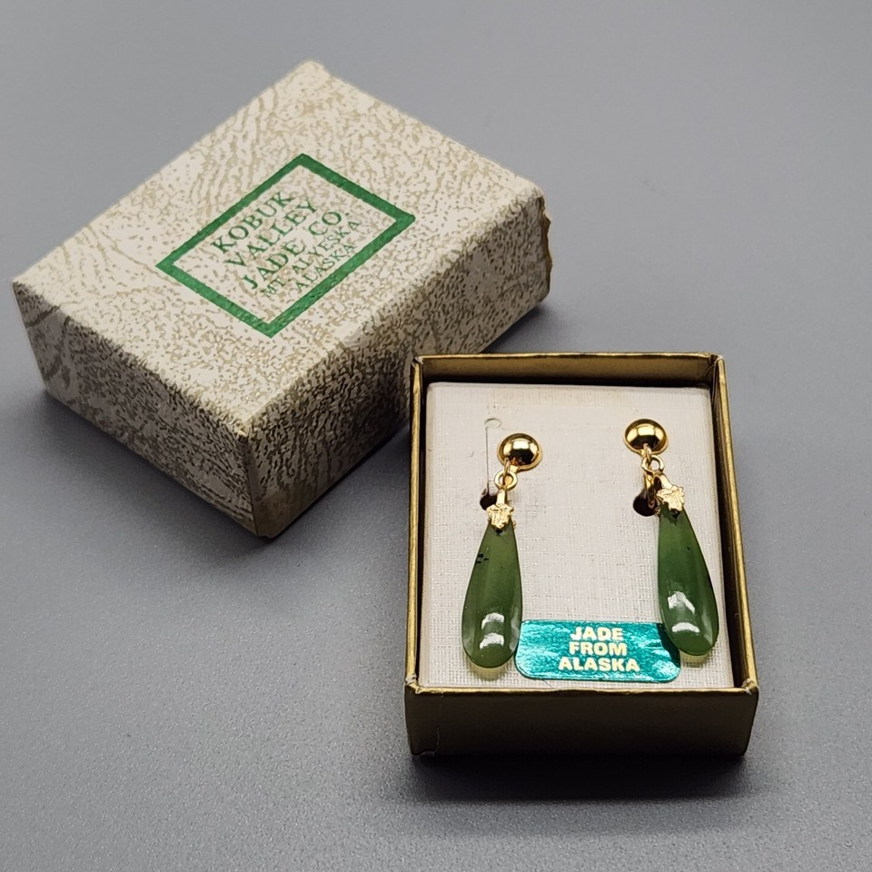 Vtg Alaska Nephrite Jade Earrings Gold Filled NOS Drop Dangle Screwback ...
