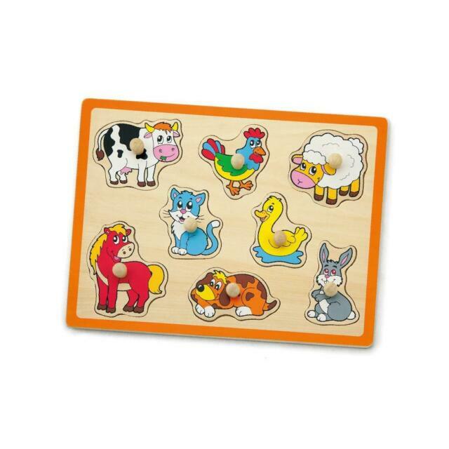 VIGA Farm Animals Wooden Pull-out Peg Puzzle - Childrens Wood Jigsaw ...