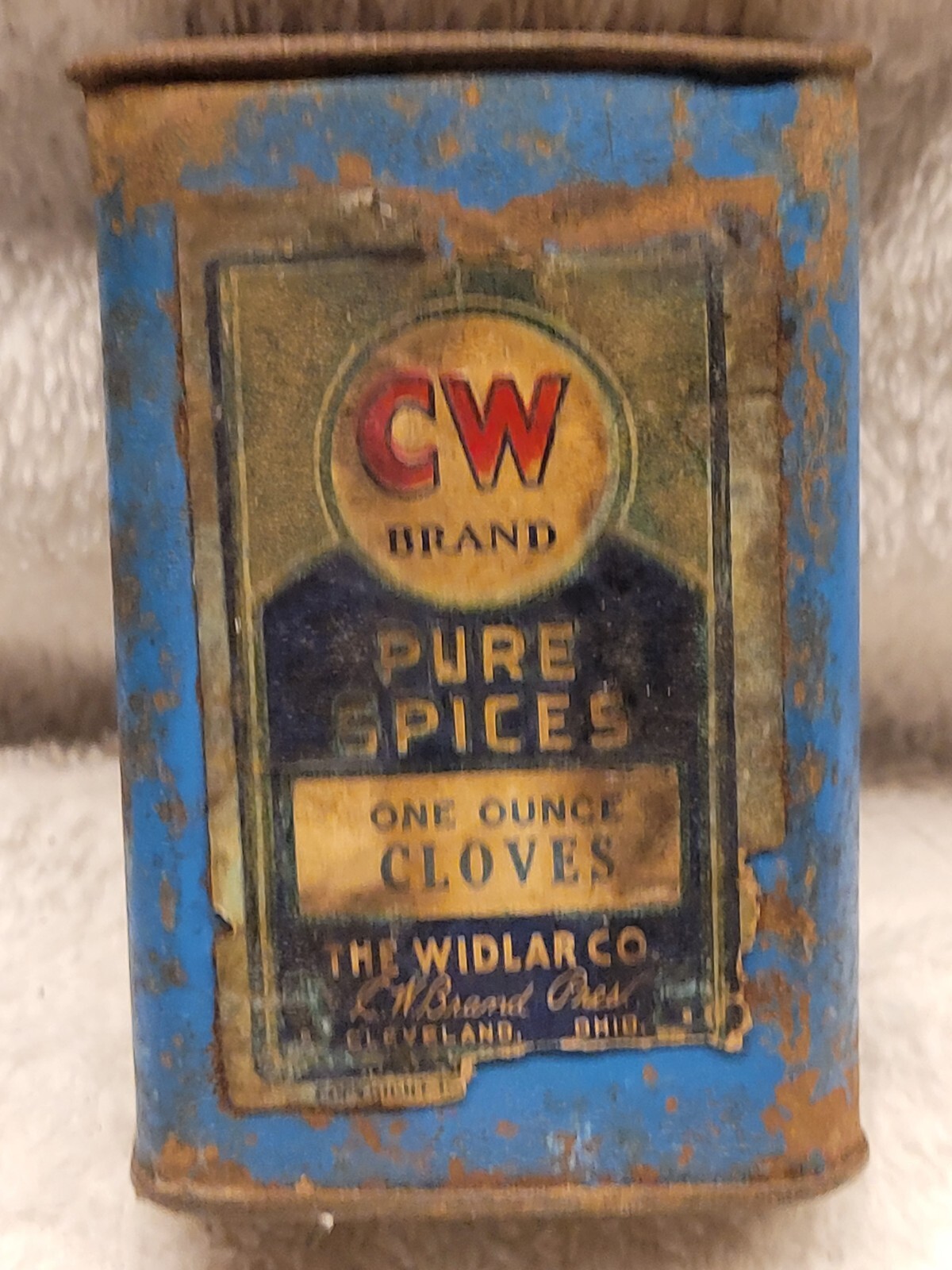 EMPTY CW BRAND CLOVES PAPER LABEL TIN COUNTRY STORE WIDLAR CO ...