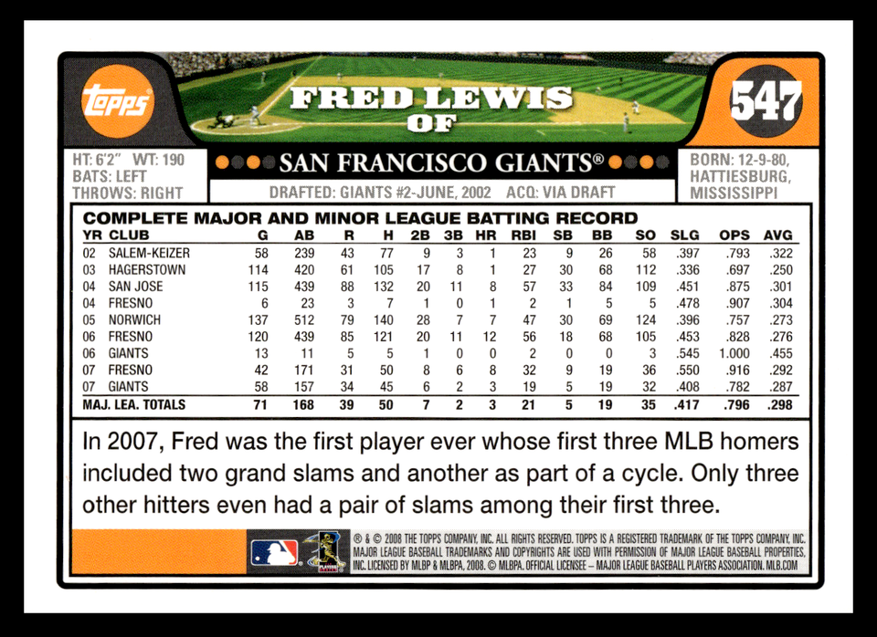 2008 Topps Fred Lewis #547 San Francisco Giants MLB Baseball Base Set ...