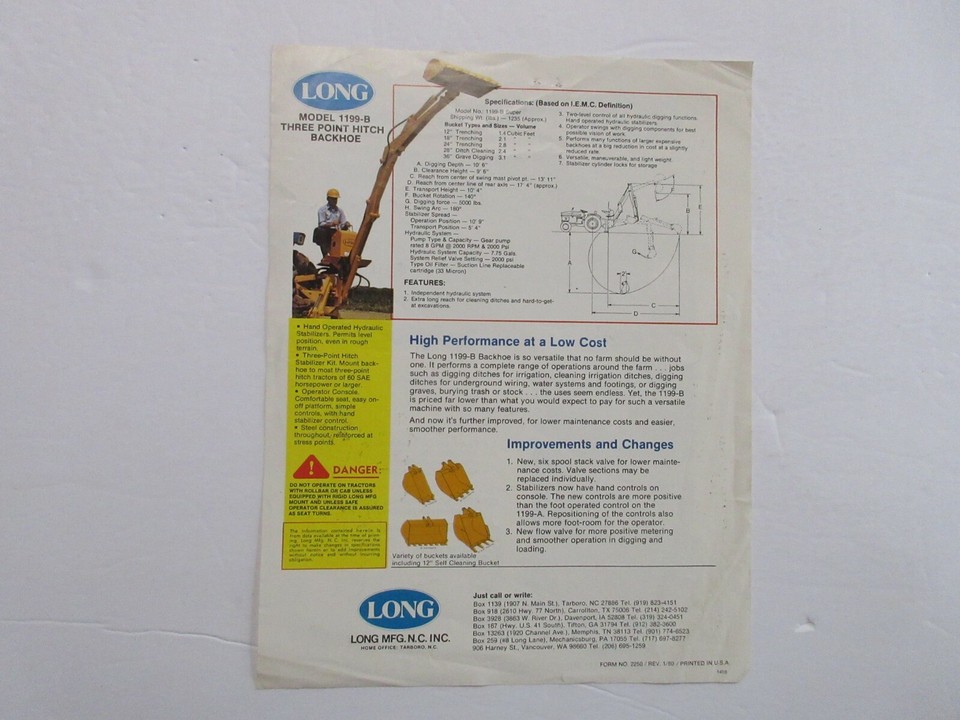 Long 1199-B 3 Point Backhoe Brochure 2 Pages 1980 | eBay