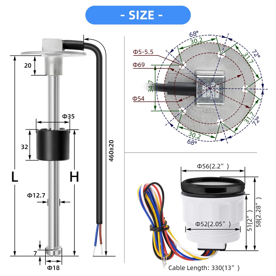 52mm Boat Fuel Level Gauge 240-33 ohms with 200mm Fuel Level Sensor ...