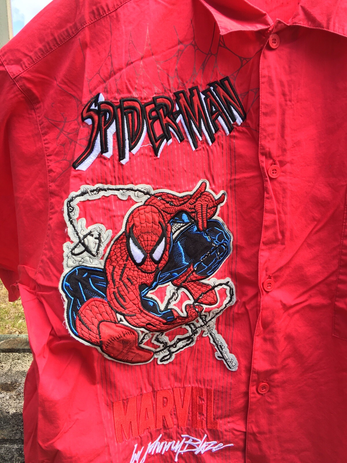 RARE MARVEL BY JOHNNY BLAZE Spider-Man Button Shirt Large Embroidered ...