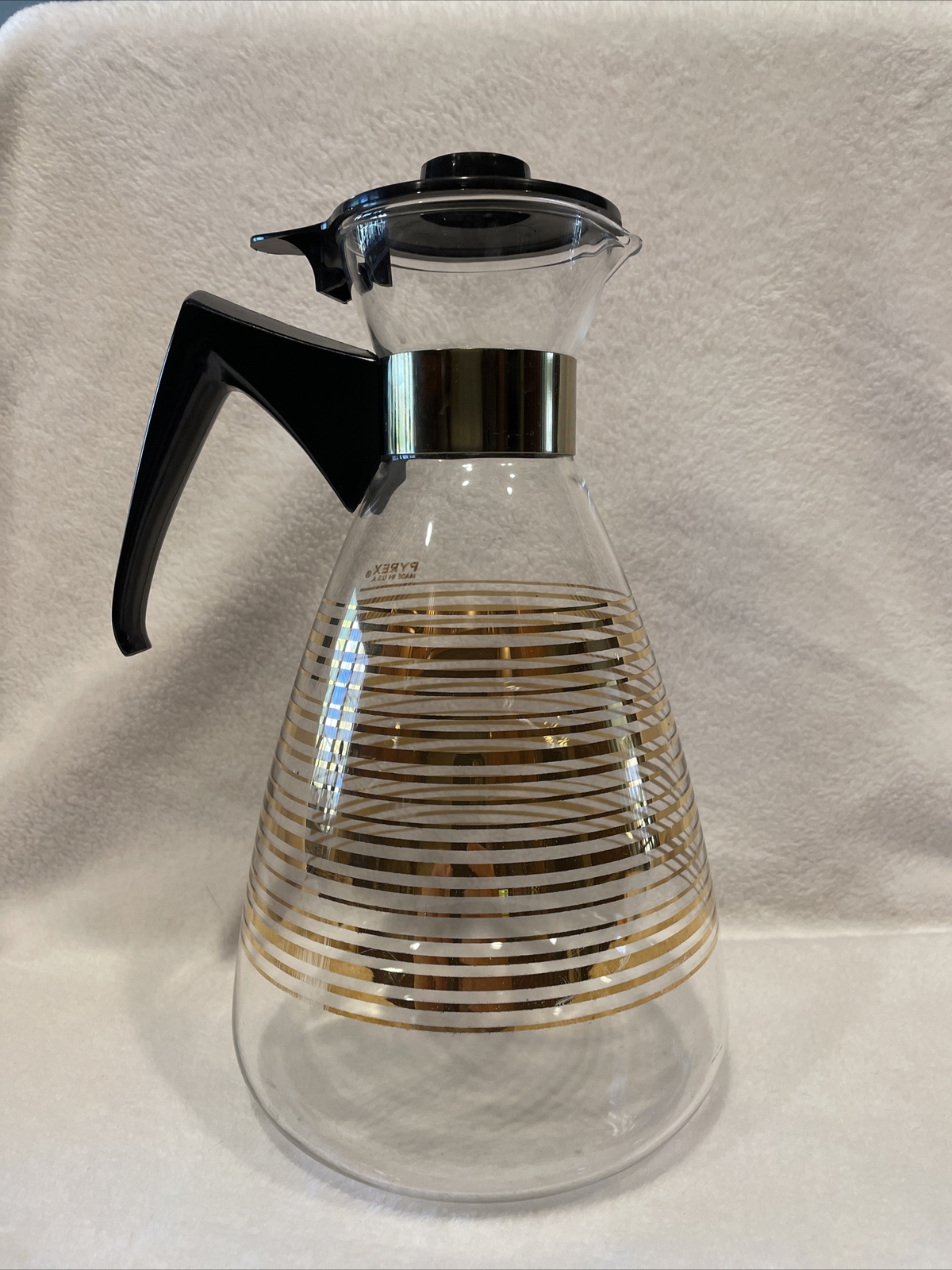 Vintage Mid Century Modern Pyrex Glass Coffee Pot Carafe Gold Stripes ...