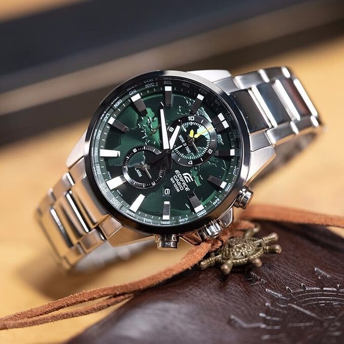NEW CASIO EDIFICE MENS WATCH GREEN DIAL STEEL SILVER BRACELET EFR-303DB ...
