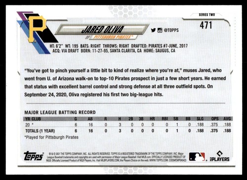 2021 Topps #471 Jared Oliva RC Pittsburgh Pirates YELLOW Baseball | eBay