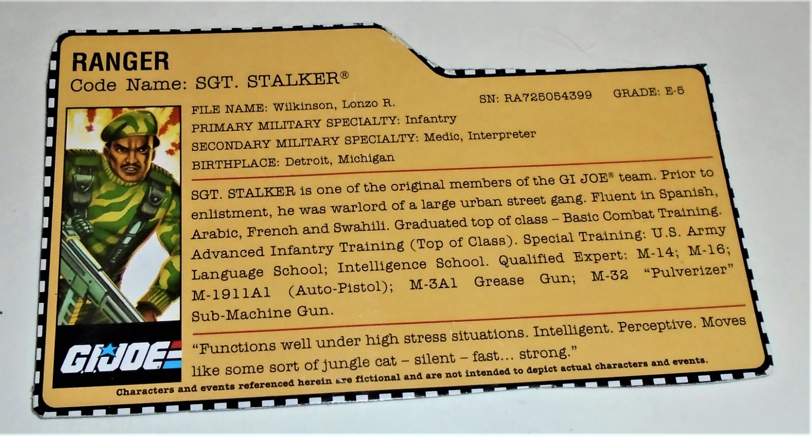 G I JOE File I.D. Card Filecard 2008 SGT Stalker V9 CARDED | eBay