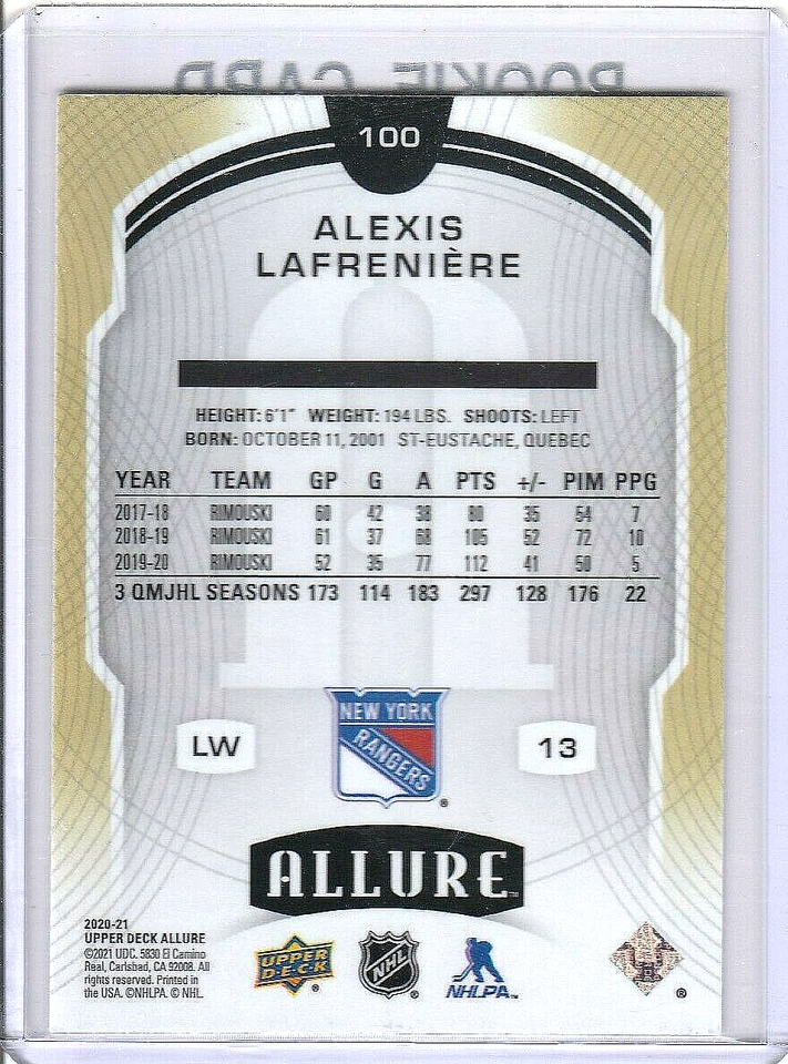 2020-21 NHL Upper Deck Allure #100 Alexis LaFreniere RC New York ...