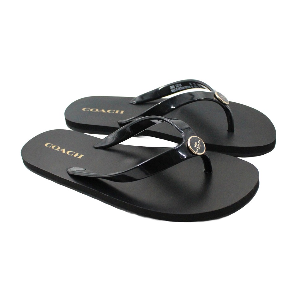 COACH Zayn Slip-on Thong Black Gold Accent Logo Flip Flops Sandals ...