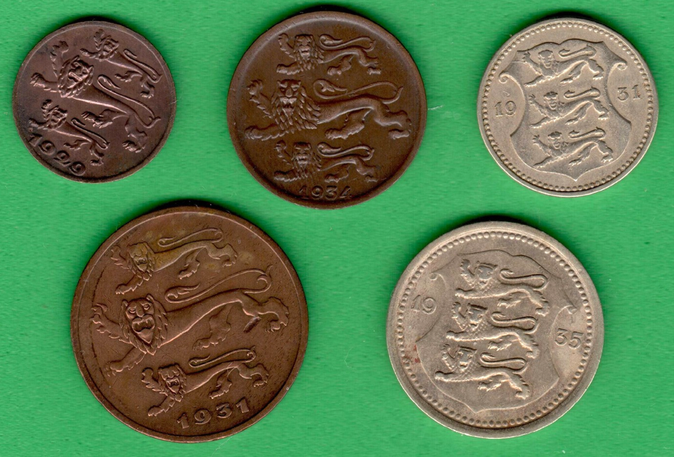 1929-35 Estonia lot of 5 coins 1, 2, 5, 10 and 20 Senti. Baltic State ...