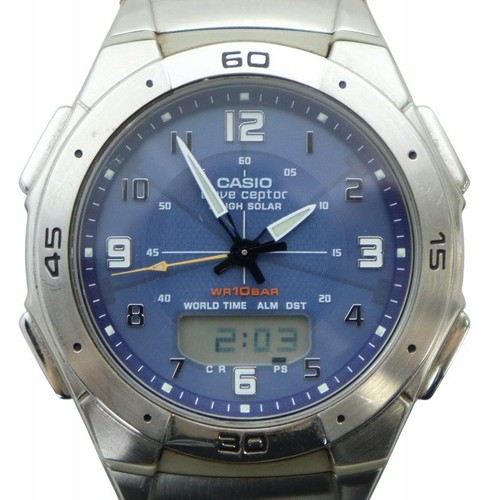 Casio Wave Ceptor Solar Watch Blue Dial Silver Analog Digital Calendar ...