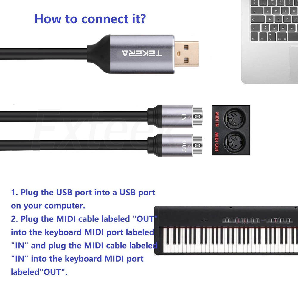 USB IN-OUT MIDI Interface Cable Converter PC to Music Keyboard Adapter ...