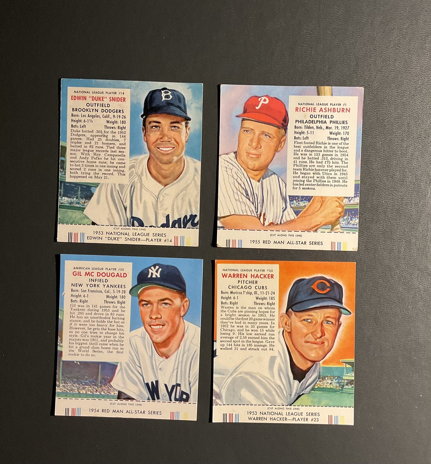 1953 1954 1955 Red Man Tobacco Baseball Lot Of 4 With Tabs Snider ...
