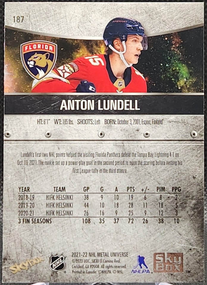 2021-22 Skybox Metal Universe Anton Lundell RC #187 Florida Panthers | eBay
