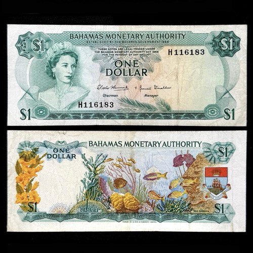 1968 Bahamas 1 One Dollar Banknote Queen Elizabeth World Paper Money ...